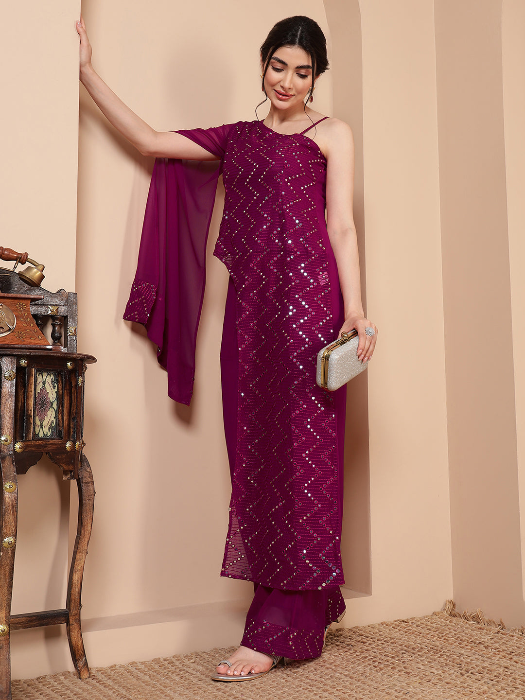 Magenta Sequence Embroidered One Shoulder Tunic With Sharara Indo West