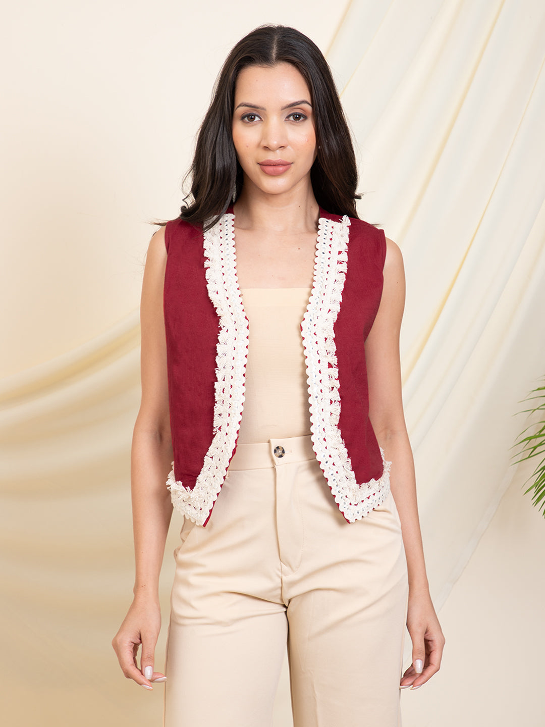 Maroon Lace Detailed Women Waistcoat