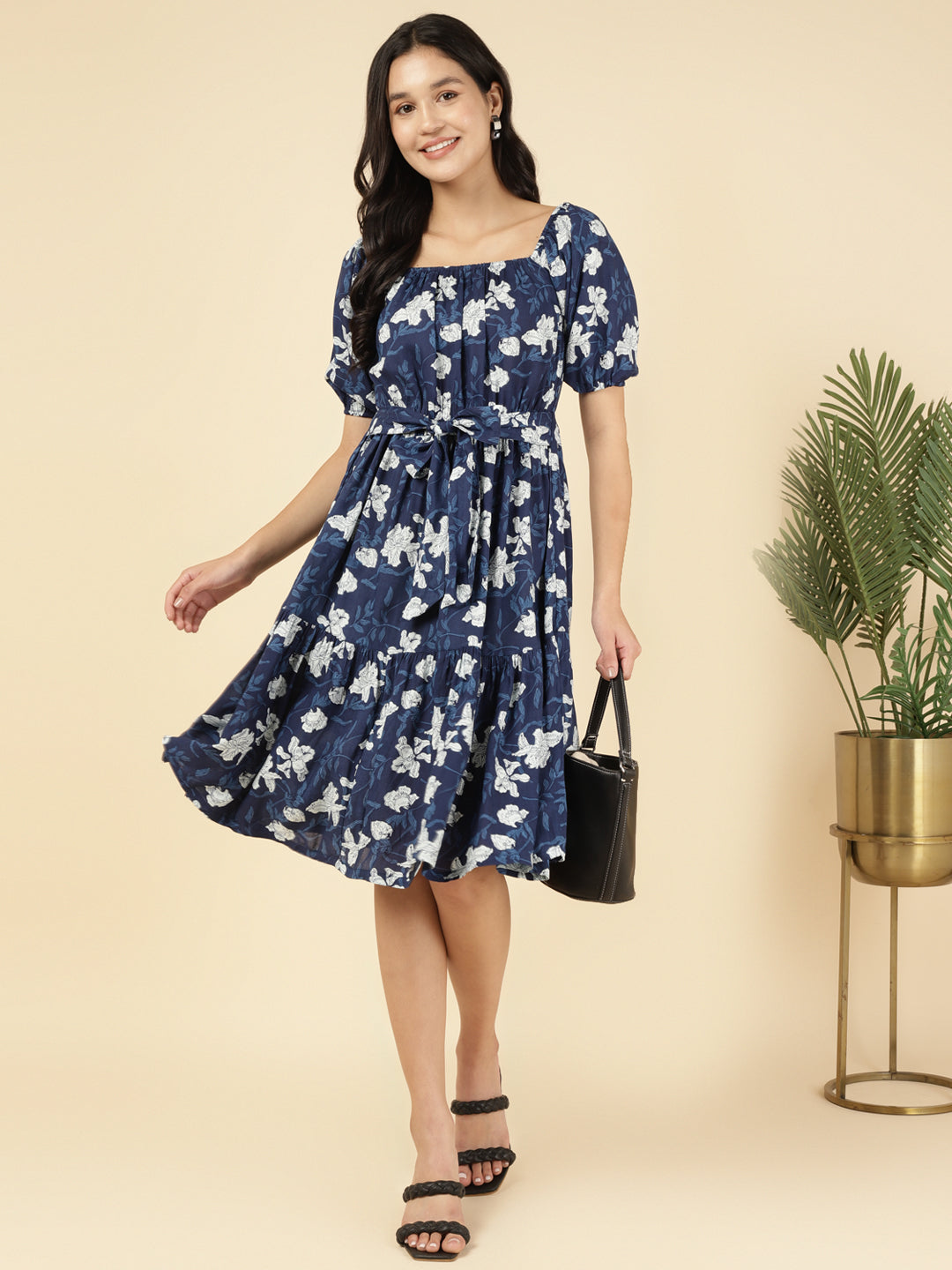 Blue Floral Women Tiered Dress