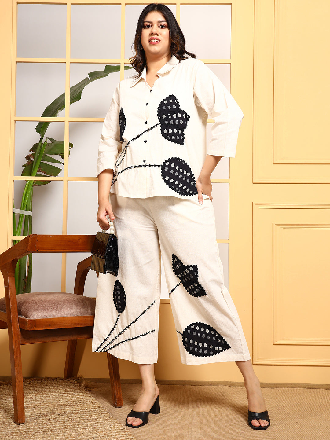 Off White Embroidered Patch Work Women's Plus SIze Co-Ord Set
