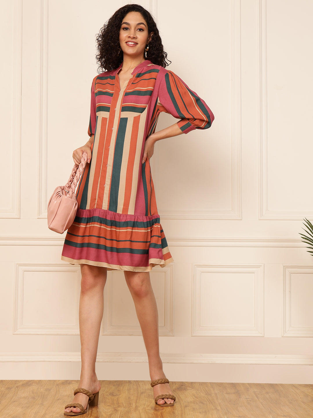Multi Colour Striped Women Tiered Dress