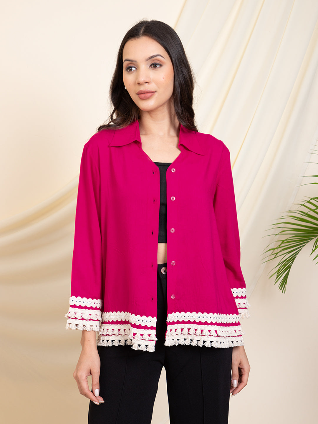 Lace Detailed Magenta Women Shirt